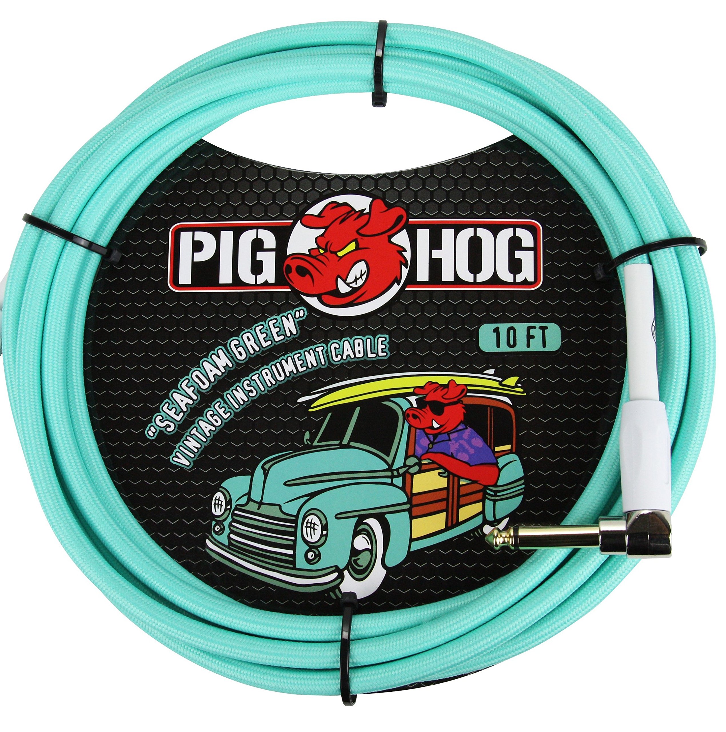 Pig Hog PCH10SGR 1/4" to 1/4" Right-Angle Seafoam Green Guitar Instrument Cable, 10 Feet