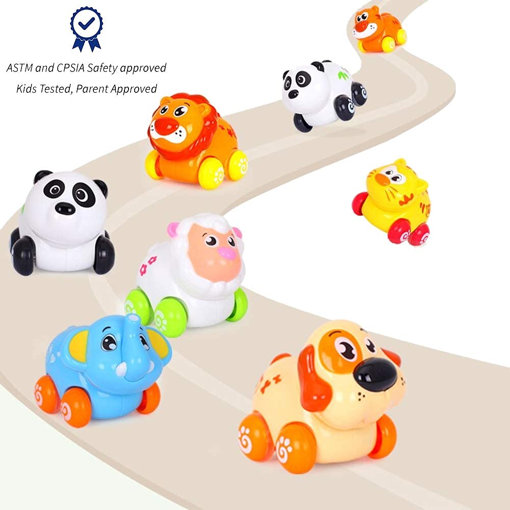 Liberty Imports 8 PCS Cartoon Animals Friction Push and Go Toy Cars Play Set for Babies and Toddlers | Cute Mini Play Vehicles Party Favors - Age 18 Months and Up