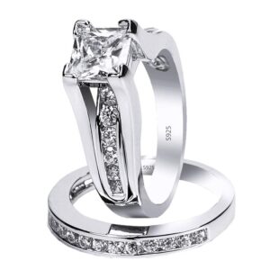 mabella 925 sterling silver cubic zirconia princess cut women's wedding engagement bridal ring set size 6