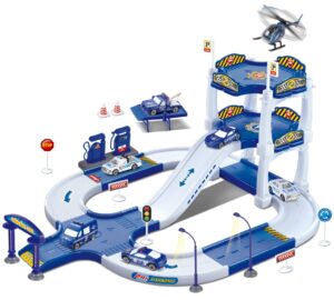 diecast police city station parking garage - police car toys for boys with track, garage, 3 police car toy vehicles, 1 helicopter