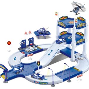 Diecast Police City Station Parking Garage - Police Car Toys for Boys with Track, Garage, 3 Police Car Toy Vehicles, 1 Helicopter