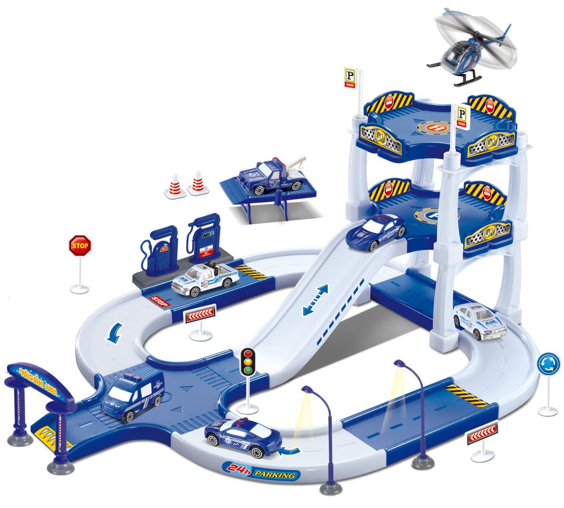 Diecast Police City Station Parking Garage - Police Car Toys for Boys with Track, Garage, 3 Police Car Toy Vehicles, 1 Helicopter