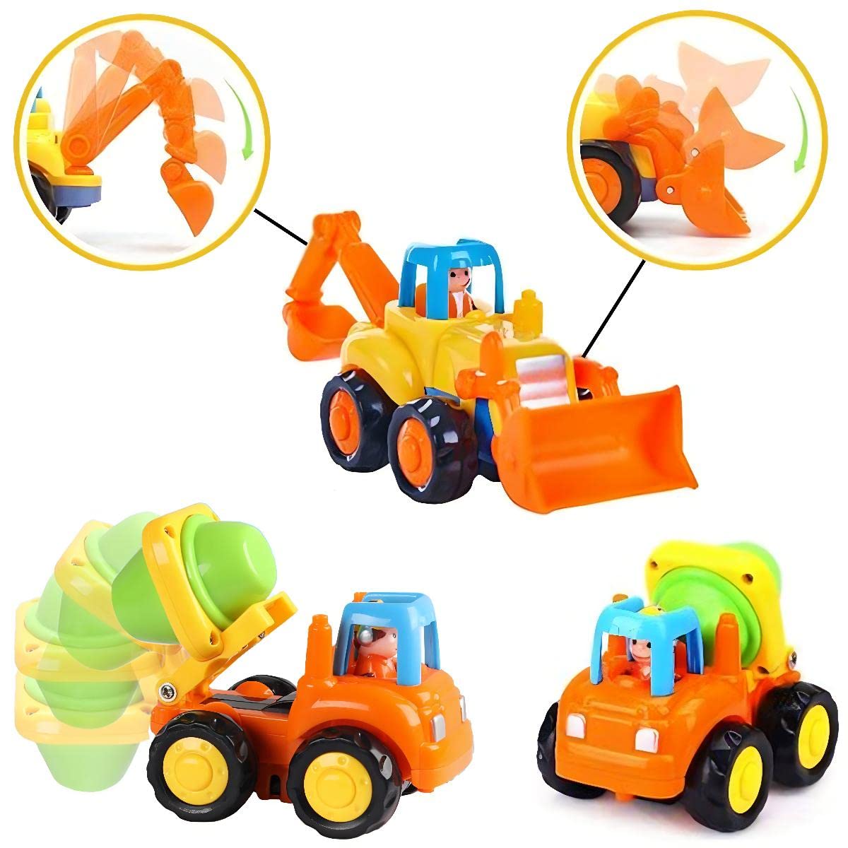 Liberty Imports Set of 4 Cartoon Friction Powered Push and Play Construction Vehicles for Toddlers - Dump Truck, Cement Mixer, Bulldozer, Tractor