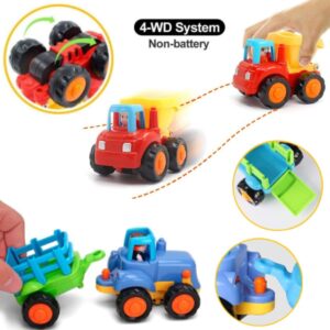 Liberty Imports Set of 4 Cartoon Friction Powered Push and Play Construction Vehicles for Toddlers - Dump Truck, Cement Mixer, Bulldozer, Tractor