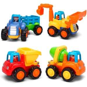 liberty imports set of 4 cartoon friction powered push and play construction vehicles for toddlers - dump truck, cement mixer, bulldozer, tractor