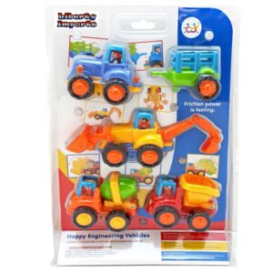 Liberty Imports Set of 4 Cartoon Friction Powered Push and Play Construction Vehicles for Toddlers - Dump Truck, Cement Mixer, Bulldozer, Tractor