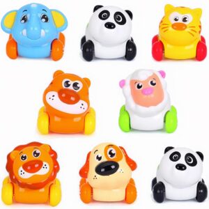 liberty imports 8 pcs cartoon animals friction push and go toy cars play set for babies and toddlers | cute mini play vehicles party favors - age 18 months and up