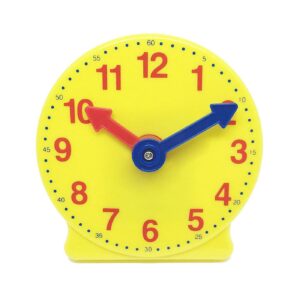 hand2mind plastic mini geared clock, learning clock classroom kit, clock for kids learning to tell time, yellow practice clock for kids, teaching clock, school supplies (set of 1)