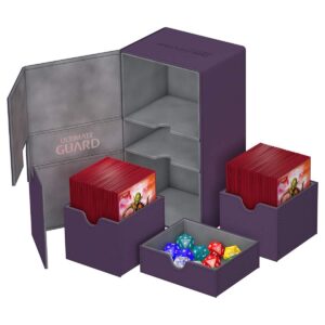 ultimate guard flip 'n' tray 200+, deck case for 200 double-sleeved tcg cards + dice tray, purple/grey, magnetic closure & microfiber inner lining