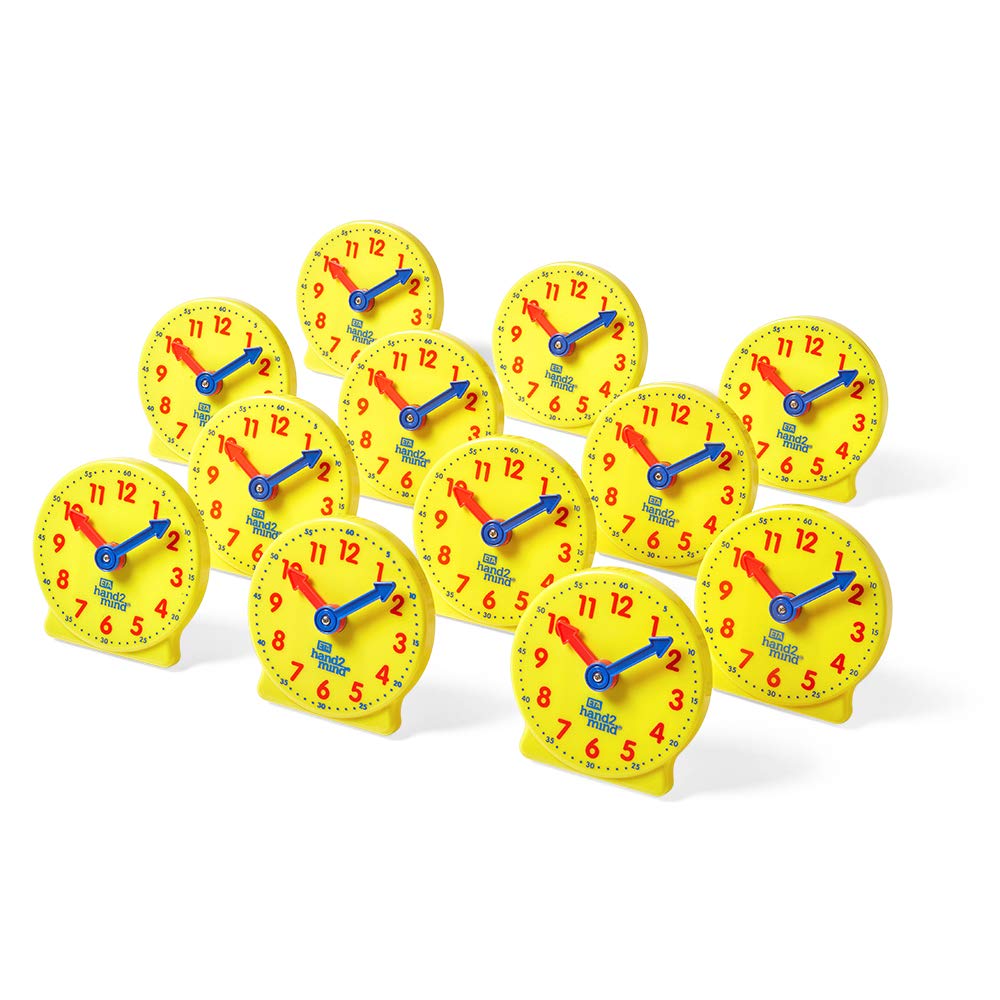 hand2mind Mini Geared Clock, Telling Time Teaching Clock, Learn to Tell Time Clock, Analog Learning Clock, Clock for Kids Learning to Tell Time, Teaching Time Classroom Clock (Set of 12)