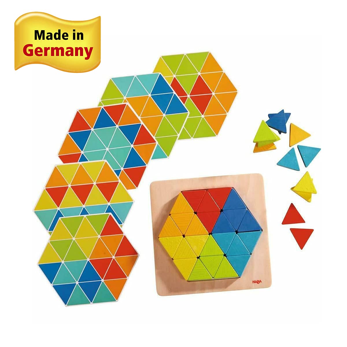 HABA Arranging Game Magical Pyramids - 36 Triangular Wooden Tiles with 6 Double Sided Templates for Ages 2-6 (Made in Germany)