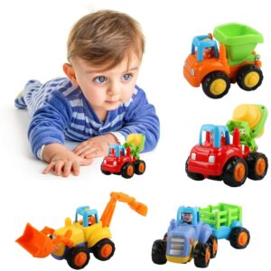 Liberty Imports Set of 4 Cartoon Friction Powered Push and Play Construction Vehicles for Toddlers - Dump Truck, Cement Mixer, Bulldozer, Tractor