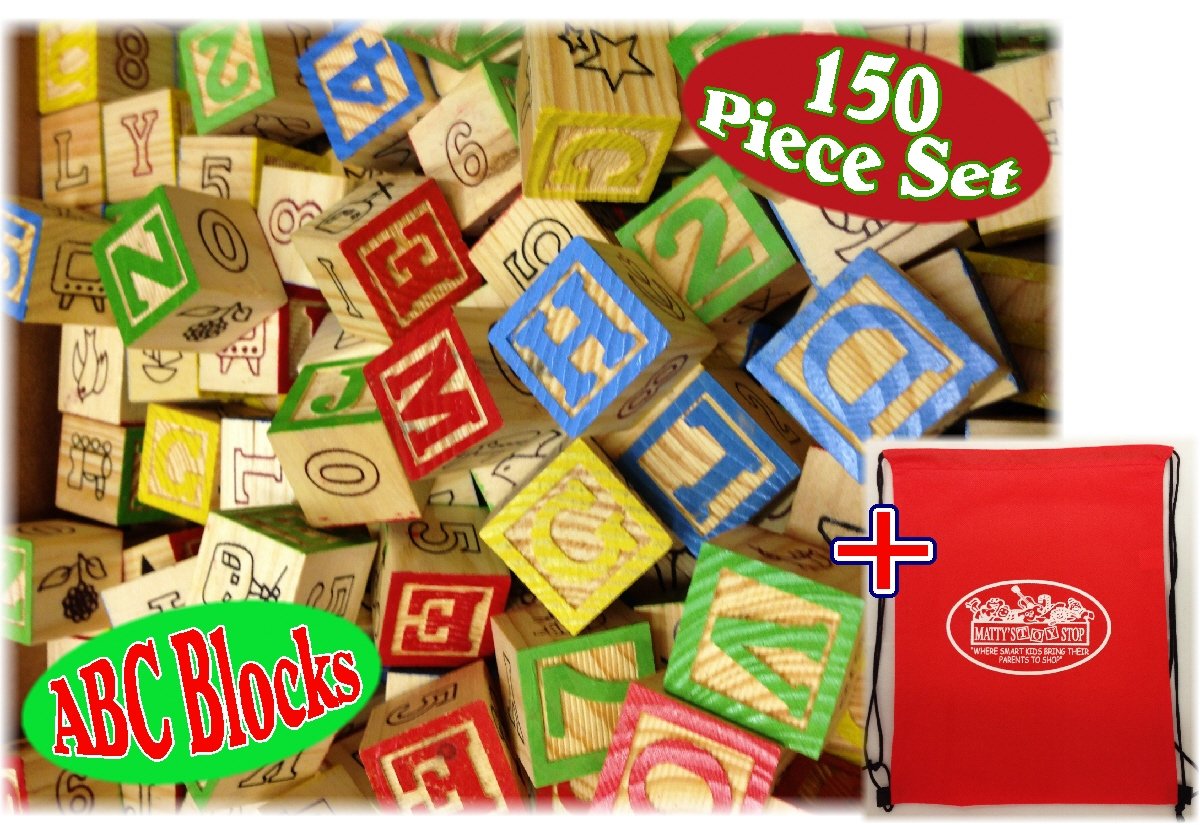 Matty's Toy Stop 150 Piece ABC Stack N' Build Wood Alphabet Blocks Bulk Classroom Set with Exclusive Storage Bag