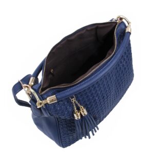 Premium PU Leather Double Tassel Interlace Braided Satchel Shoulder Bag Handbag, Blue