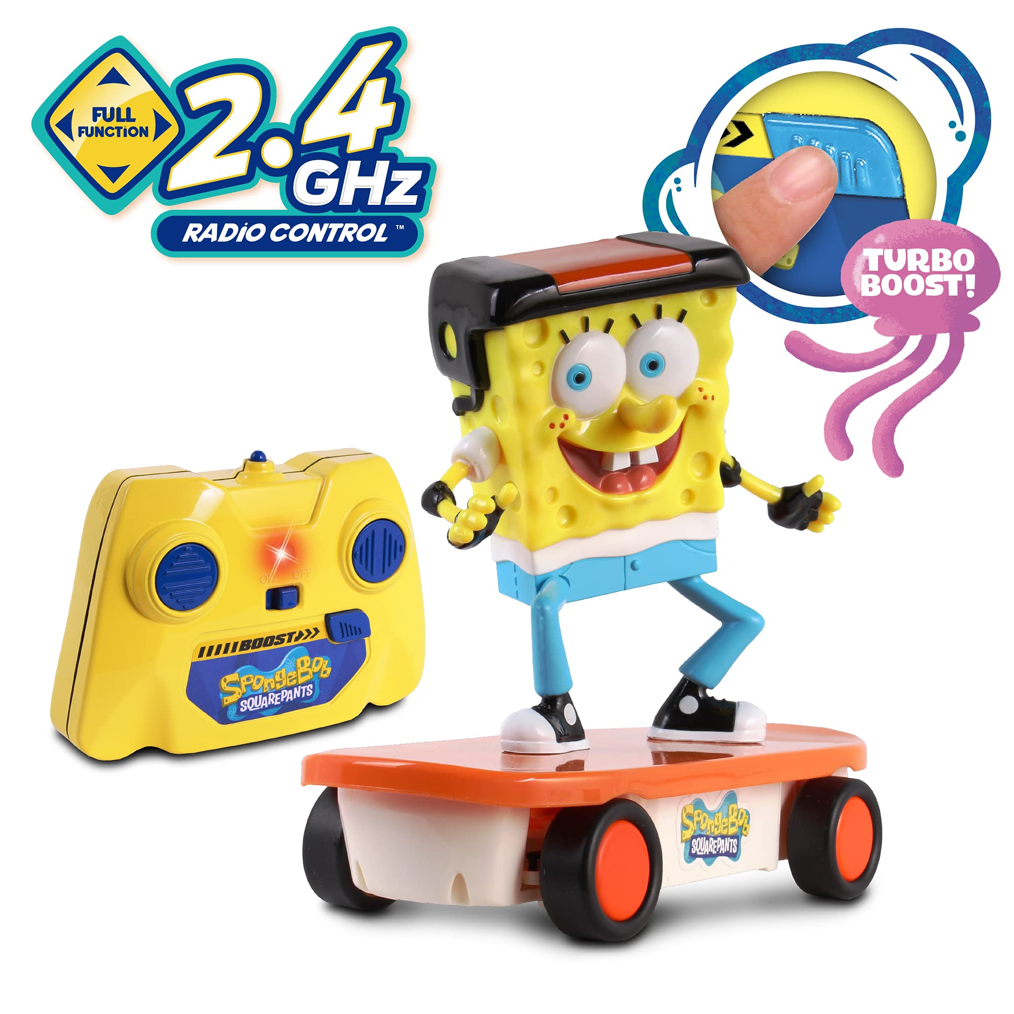 NKOK Spongebob 2.4GHz Skateboarder R/C Vehicle; Full Function 2.4 GHz Radio Control with Turbo Boost; Ages 6+