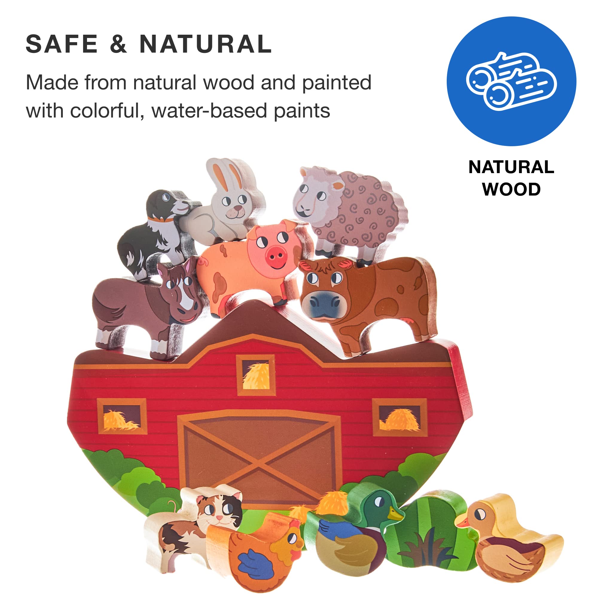 Imagination Generation Wooden Wonders Balancing Playset | Develops Dexterity, Motor Skills, Sharing Skills | Safe Wood & Paint | 13 PC Barnyard Playset