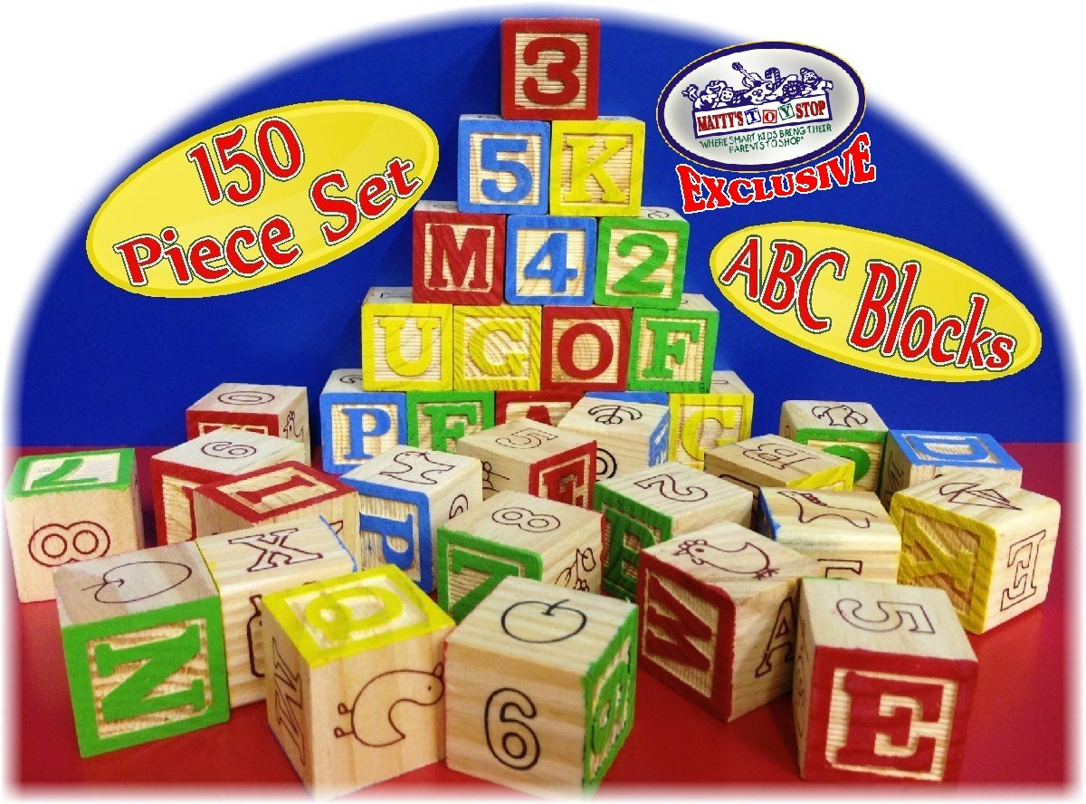 Matty's Toy Stop 150 Piece ABC Stack N' Build Wood Alphabet Blocks Bulk Classroom Set with Exclusive Storage Bag