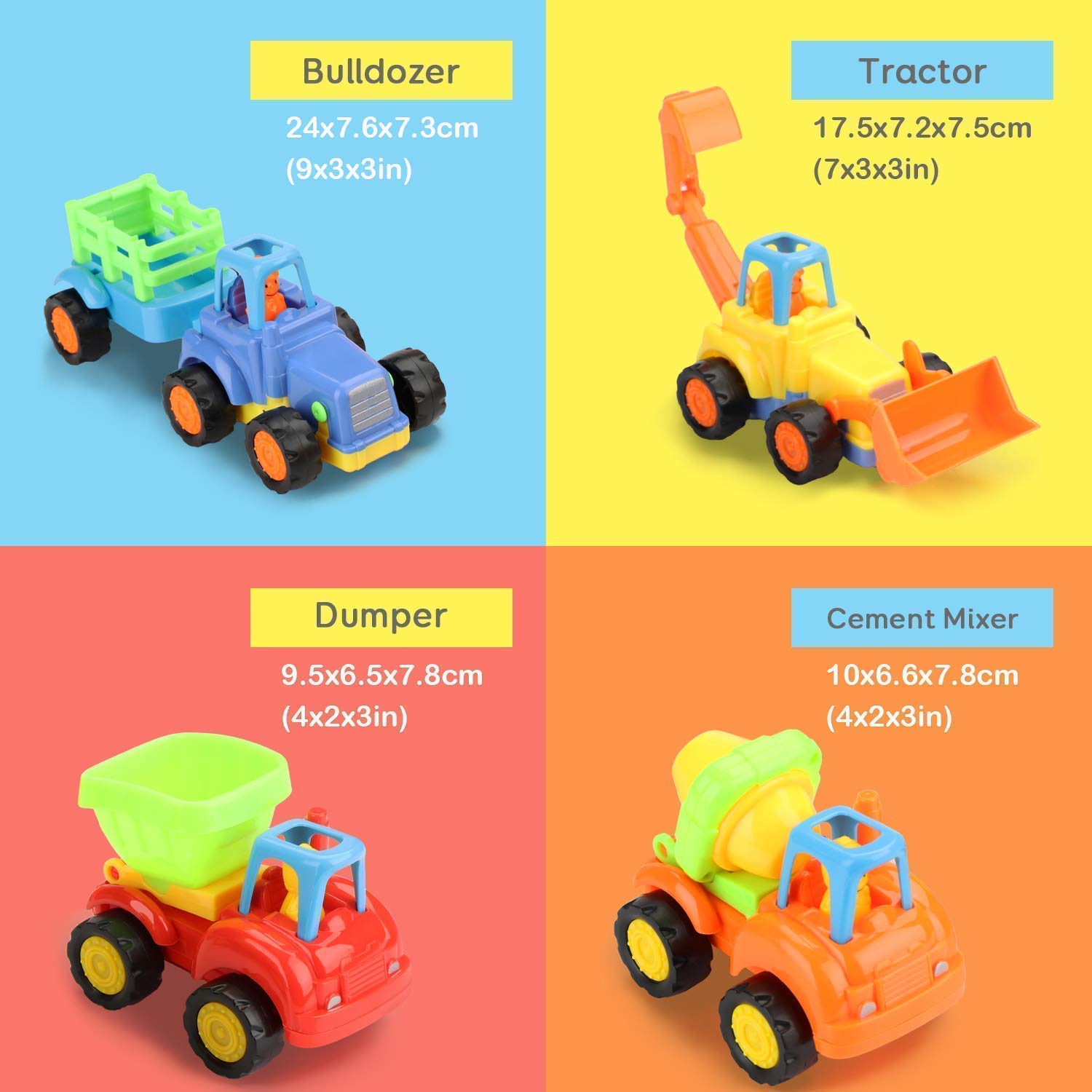 Liberty Imports Set of 4 Cartoon Friction Powered Push and Play Construction Vehicles for Toddlers - Dump Truck, Cement Mixer, Bulldozer, Tractor