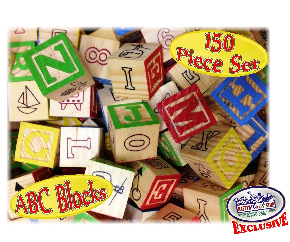 Matty's Toy Stop 150 Piece ABC Stack N' Build Wood Alphabet Blocks Bulk Classroom Set with Exclusive Storage Bag