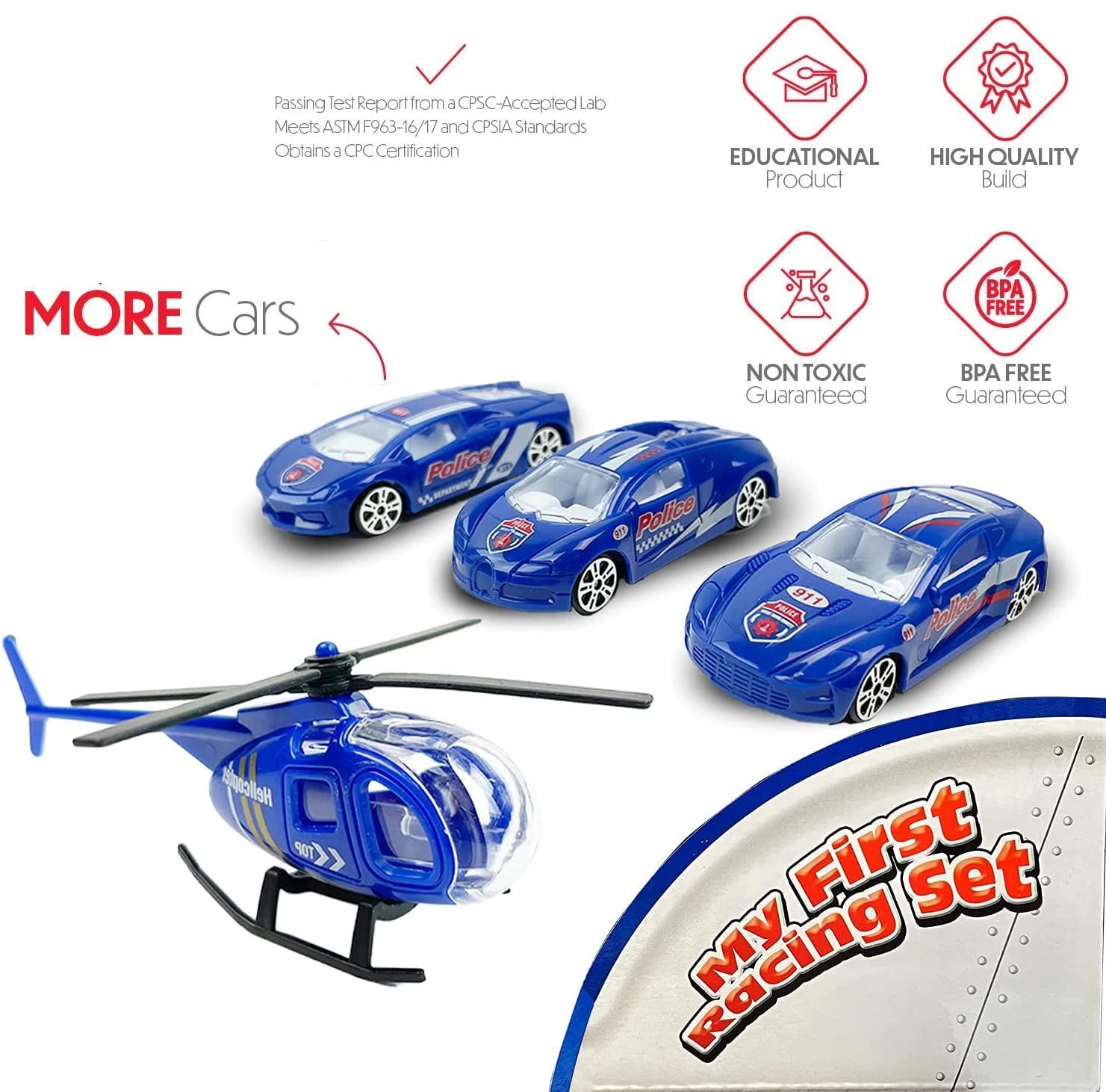 Diecast Police City Station Parking Garage - Police Car Toys for Boys with Track, Garage, 3 Police Car Toy Vehicles, 1 Helicopter