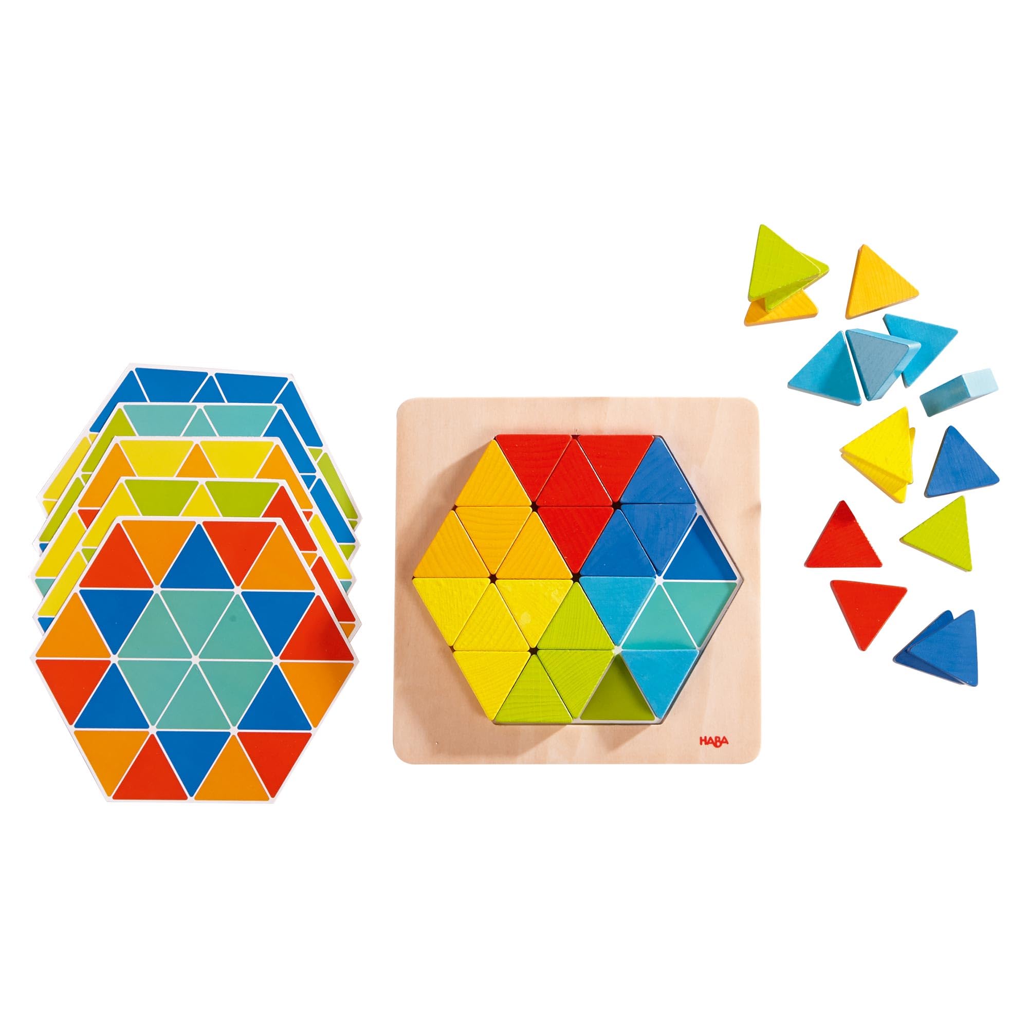 HABA Arranging Game Magical Pyramids - 36 Triangular Wooden Tiles with 6 Double Sided Templates for Ages 2-6 (Made in Germany)