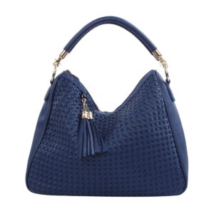 premium pu leather double tassel interlace braided satchel shoulder bag handbag, blue