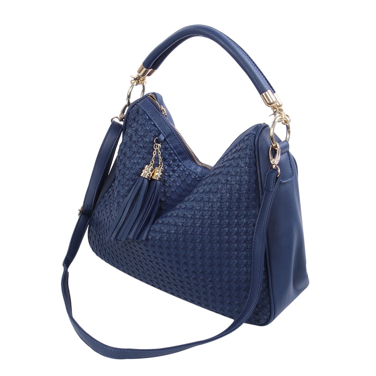 Premium PU Leather Double Tassel Interlace Braided Satchel Shoulder Bag Handbag, Blue