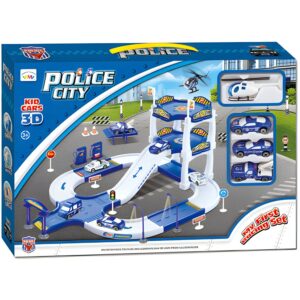 Diecast Police City Station Parking Garage - Police Car Toys for Boys with Track, Garage, 3 Police Car Toy Vehicles, 1 Helicopter