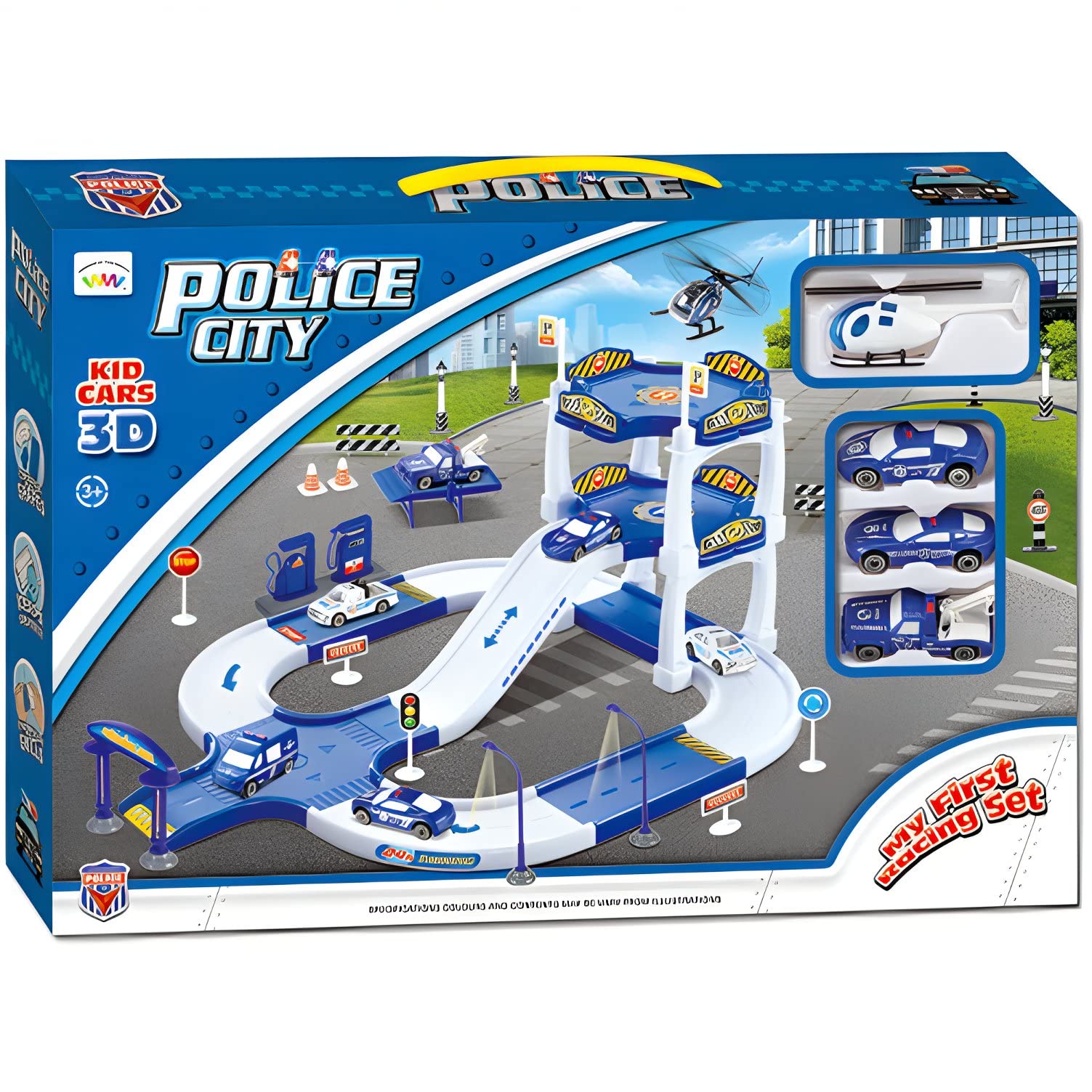 Diecast Police City Station Parking Garage - Police Car Toys for Boys with Track, Garage, 3 Police Car Toy Vehicles, 1 Helicopter