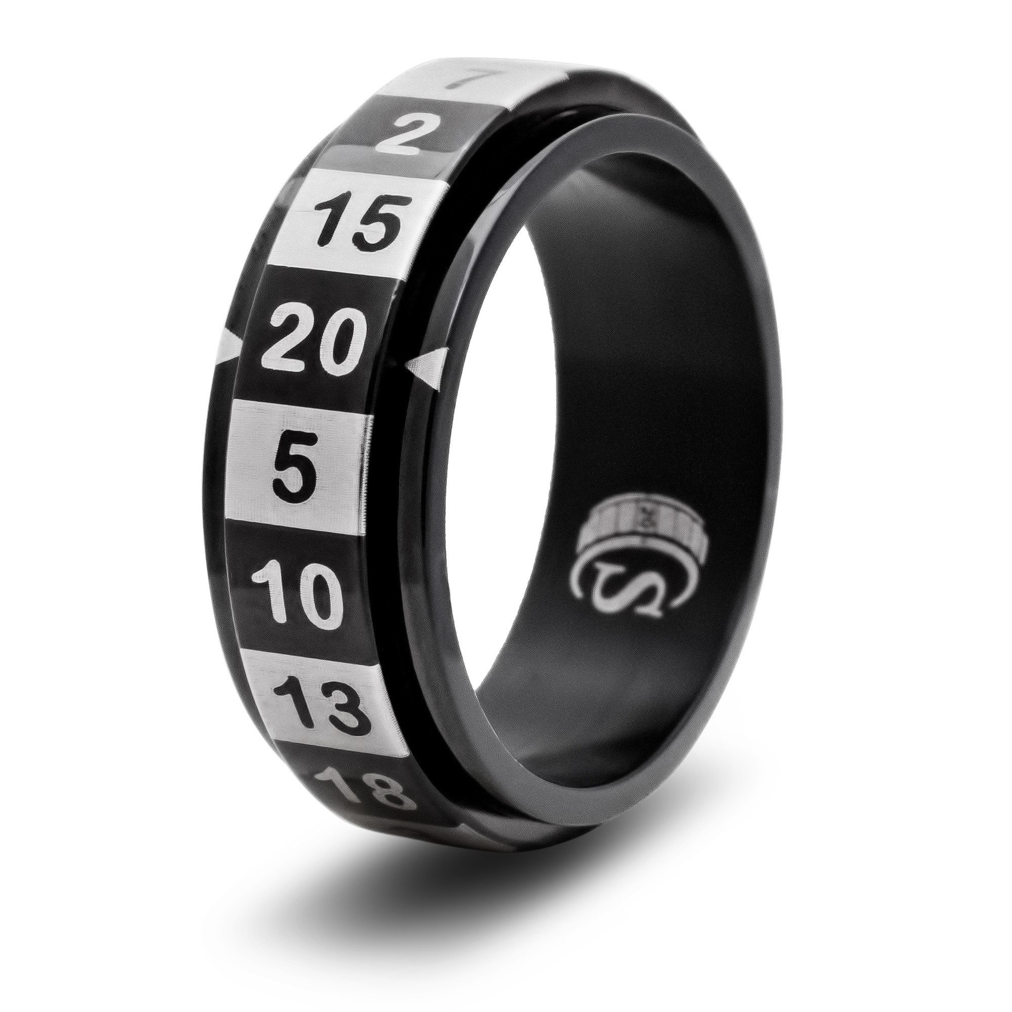 CritSuccess d20 Dice Ring with 20 Sided Die Spinner (Size 11 - Stainless Steel - Black)