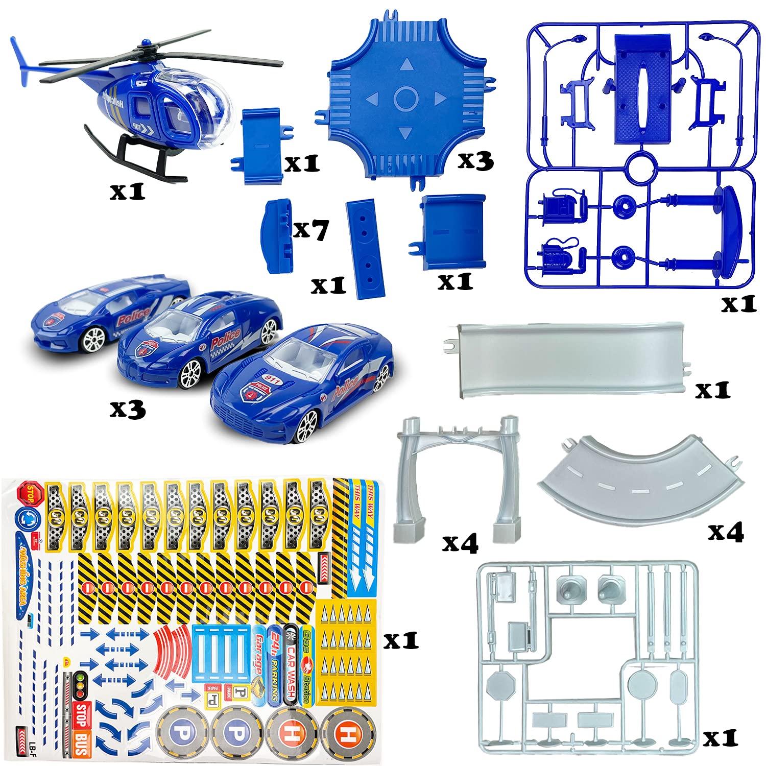 Diecast Police City Station Parking Garage - Police Car Toys for Boys with Track, Garage, 3 Police Car Toy Vehicles, 1 Helicopter