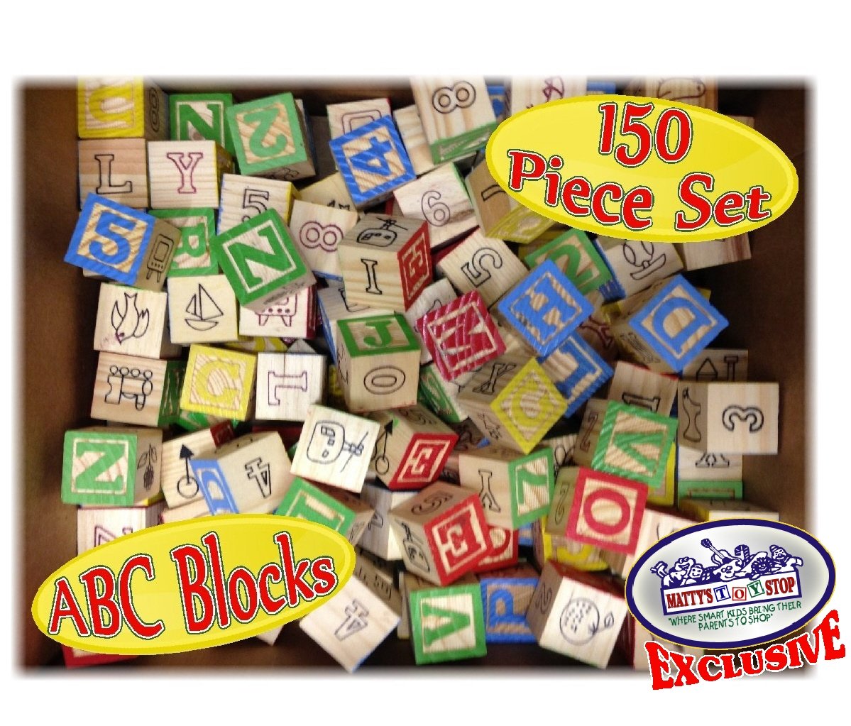 Matty's Toy Stop 150 Piece ABC Stack N' Build Wood Alphabet Blocks Bulk Classroom Set with Exclusive Storage Bag