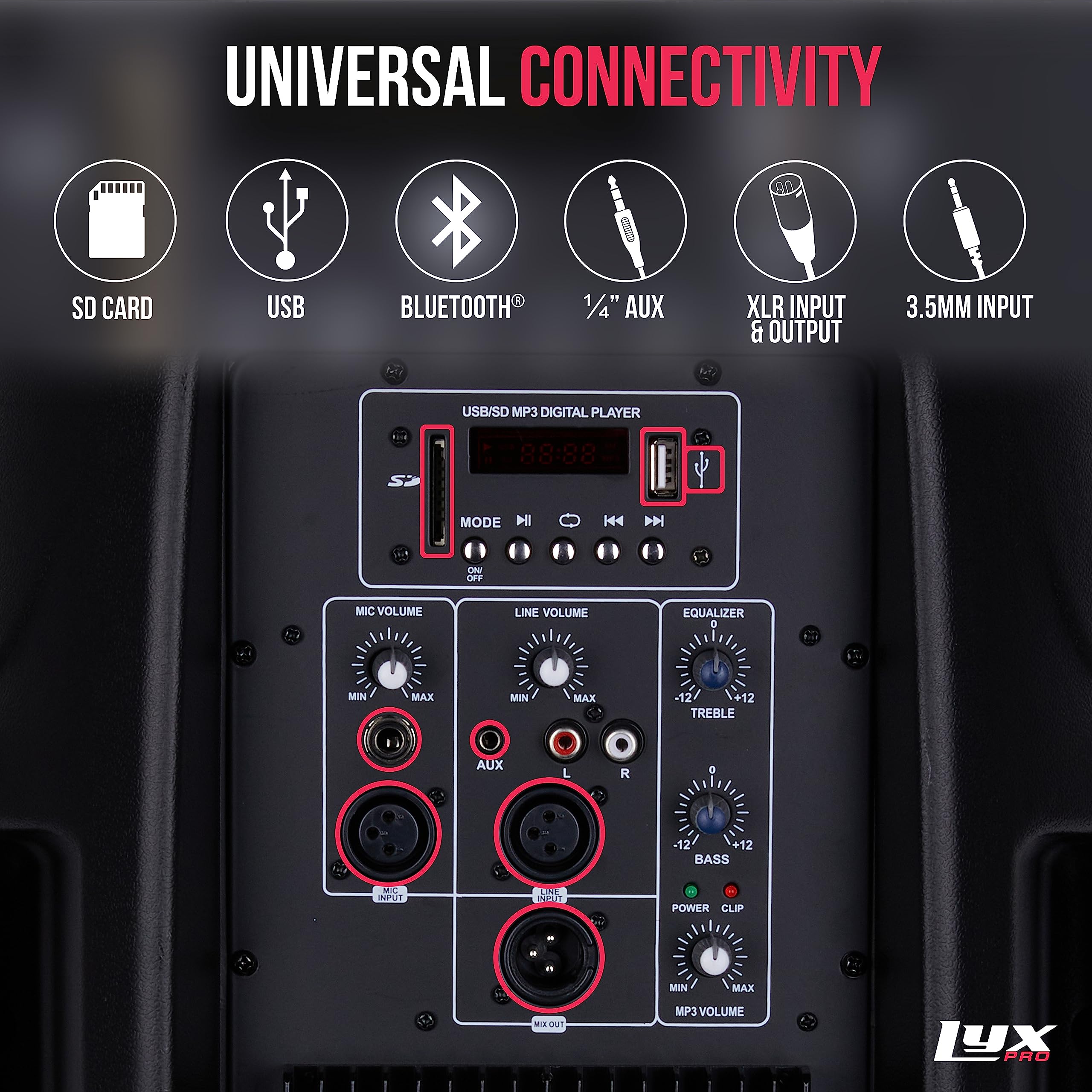 LyxPro 15 Inch PA Active Speaker System Compact and Portable with Equalizer, Bluetooth, MP3, USB, SD Card Slot, XLR, 1/4”, 3.5mm Input, Carry Handles, SPA-15