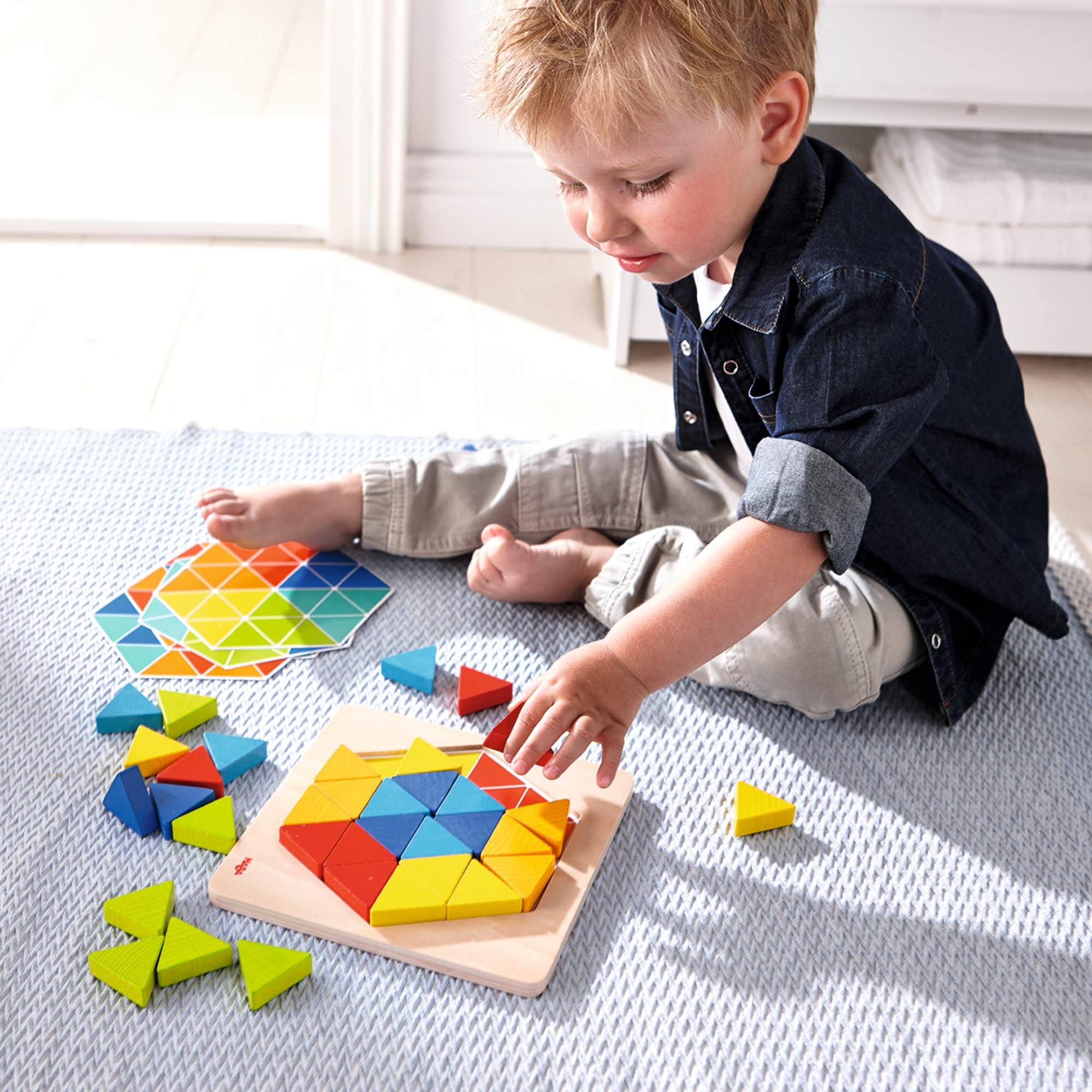 HABA Arranging Game Magical Pyramids - 36 Triangular Wooden Tiles with 6 Double Sided Templates for Ages 2-6 (Made in Germany)