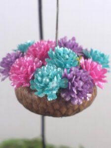 fairy garden accessories. set of 2. miniature hanging flower baskets. acorn planters. dollhouse, terrarium décor.