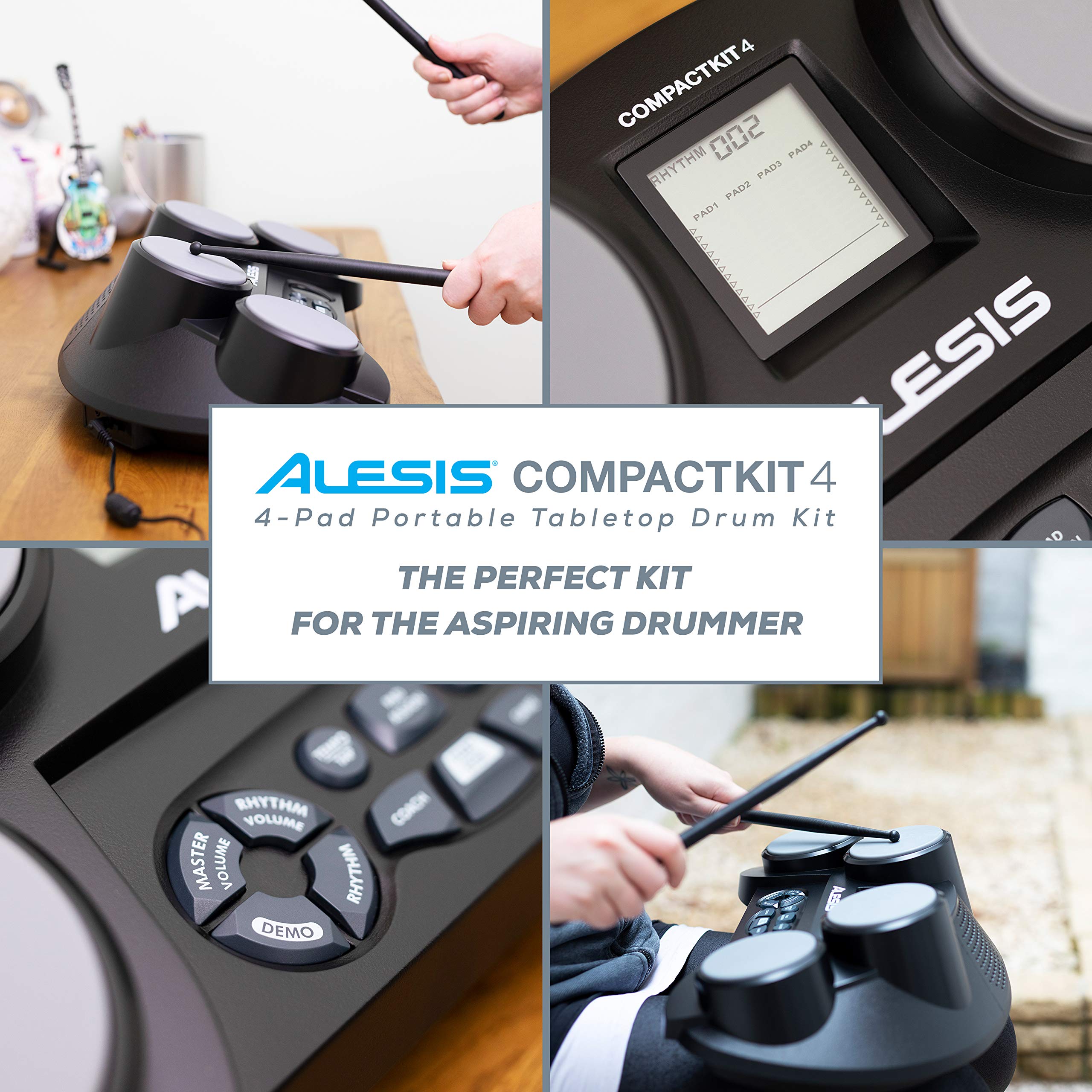 Alesis CompactKit 4 – Tabletop Electric Drum Set with 70 Electronic and Acoustic Drum Kit Sounds, 4 Pads, and Drum Sticks