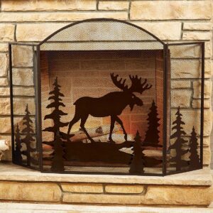 black forest décor - moose fireplace screen - three-panel metal mesh with pine tree design