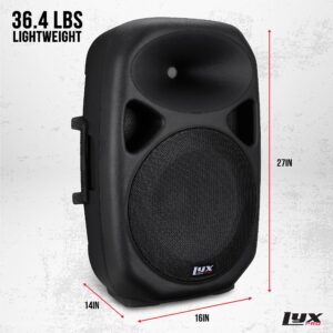 LyxPro 15 Inch PA Active Speaker System Compact and Portable with Equalizer, Bluetooth, MP3, USB, SD Card Slot, XLR, 1/4”, 3.5mm Input, Carry Handles, SPA-15