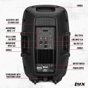 LyxPro 15 Inch PA Active Speaker System Compact and Portable with Equalizer, Bluetooth, MP3, USB, SD Card Slot, XLR, 1/4”, 3.5mm Input, Carry Handles, SPA-15