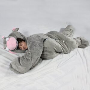 for children up to 54 inches tall. the original snoozzoo hippo children's sleeping bag.