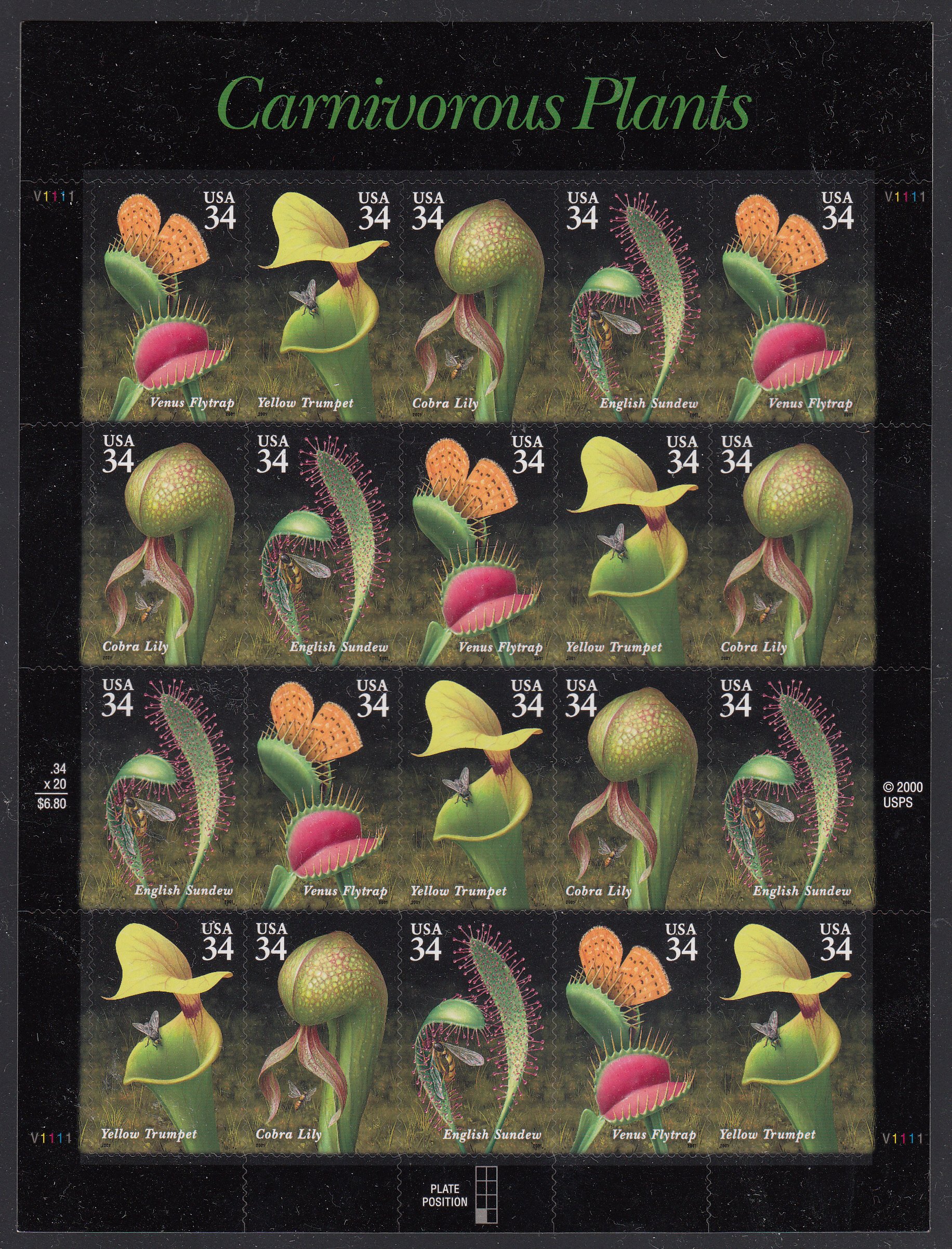 Carnivorous Plants Sheet of Twenty 34 Cent Stamps Scott 3531a