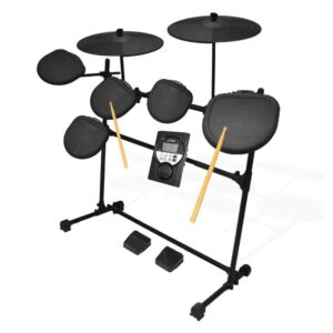 pyle 9 piece electronic set-electric kit with 5 drum heads, 2 cymbal crash pads, hi hat and bass pedal controller, module, stand rack, sticks-professional/beginners (ped021m)