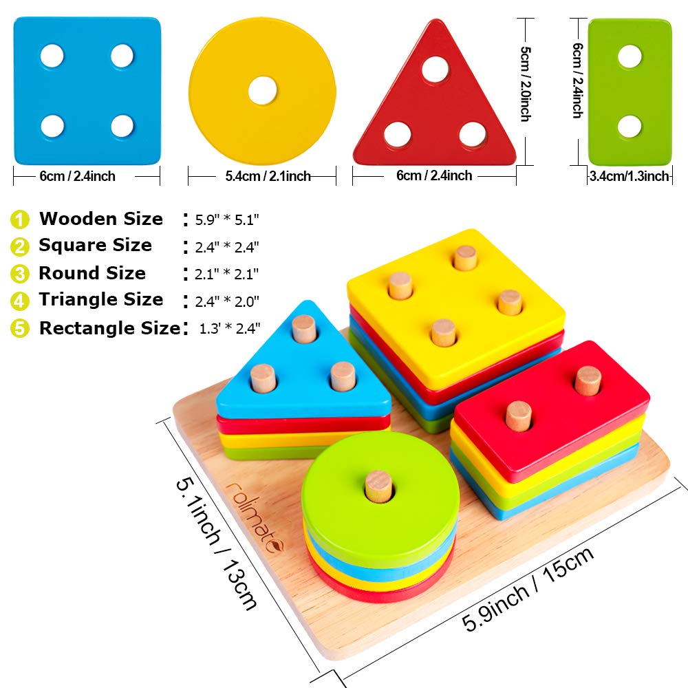 rolimate Educational Toy Toddler Toy for 2 3 4+ Years Old Boy Girl Wooden Puzzle Shape Sorter Preschool Learning Toy Sensory Toy Montessori Developmental Sorting Stacking Toy for Toddlers Babies Kids