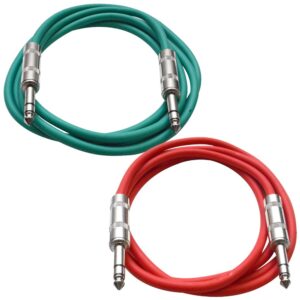 seismic audio - satrx-6-2 pack of 6' 1/4" trs male to 1/4" trs male patch cables - balanced - 6 foot patch cord - green and red