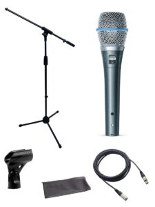 shure beta 87a supercardioid condenser vocal microphone bundle with boom stand, xlr cable, and austin bazaar polishing cloth