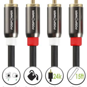 FosPower 2 RCA M/M Stereo Audio Cable [24K Gold Plated | Copper Core] 2RCA Male to 2RCA Male [Left/Right] Premium Sound Quality Plug - 15ft