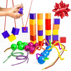 skoolzy rainbow stringing beads for toddlers 46 pcs | string beads with strings, pipe cleaners and bag | montessori toys occupational therapy