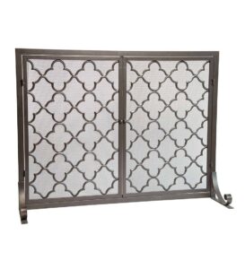 plow & hearth metal fireplace screen geometric bronze | 44" w x 33" h | 2 - door | spark guard indoor grate | iron fire place cover | wood burning stove decorative accessories