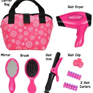 Click N' Play Set of 8 Kids Pretend Play Beauty Salon Fashion Play Set with Hairdryer, Curling Iron, Mirror & Hair Styling Accessories with a Beauty Tote Bag - Hair Salon Toys for Girls