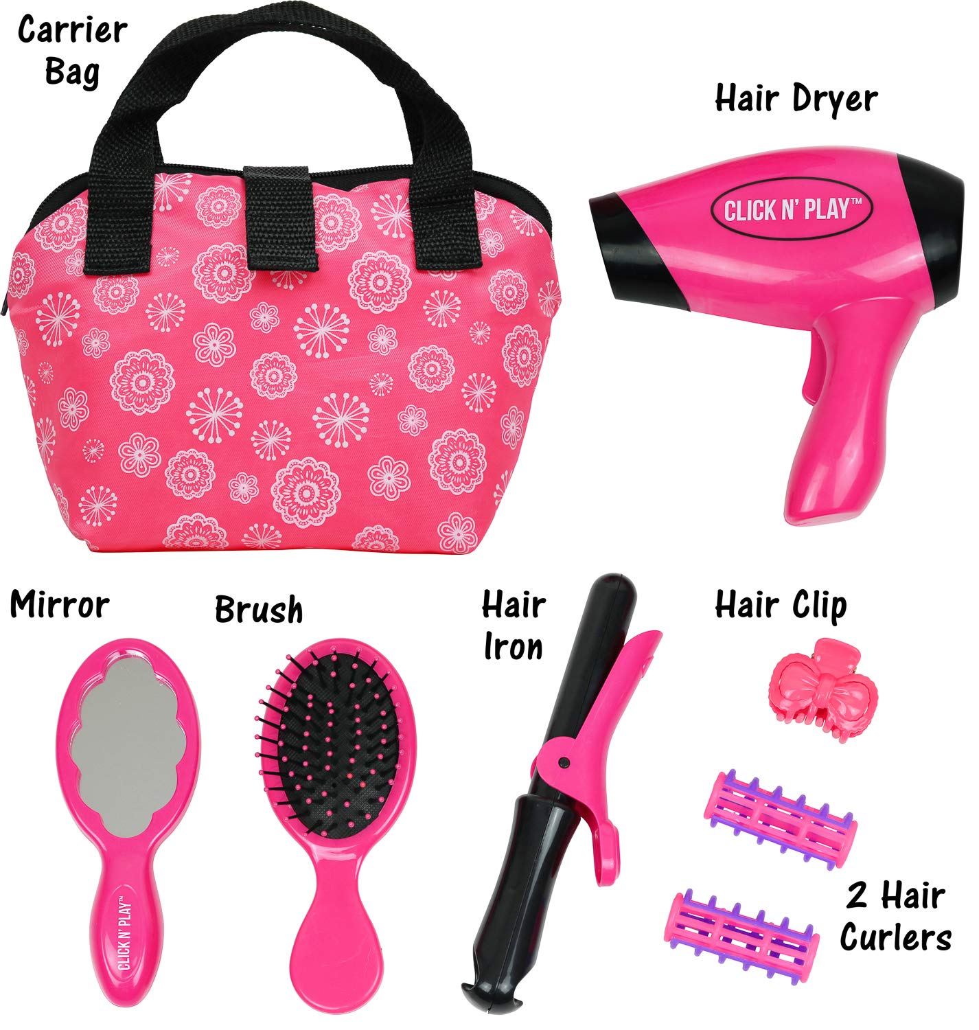 Click N' Play Set of 8 Kids Pretend Play Beauty Salon Fashion Play Set with Hairdryer, Curling Iron, Mirror & Hair Styling Accessories with a Beauty Tote Bag - Hair Salon Toys for Girls